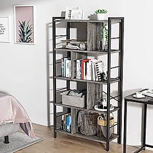 armocity Bookshelf, 5 Tier Tall Modern Bookcase Wood Metal Frame Standing Book Shelf, Display Bookshelves Storage Organizer for Bedroom Living Room Home Office, Grey