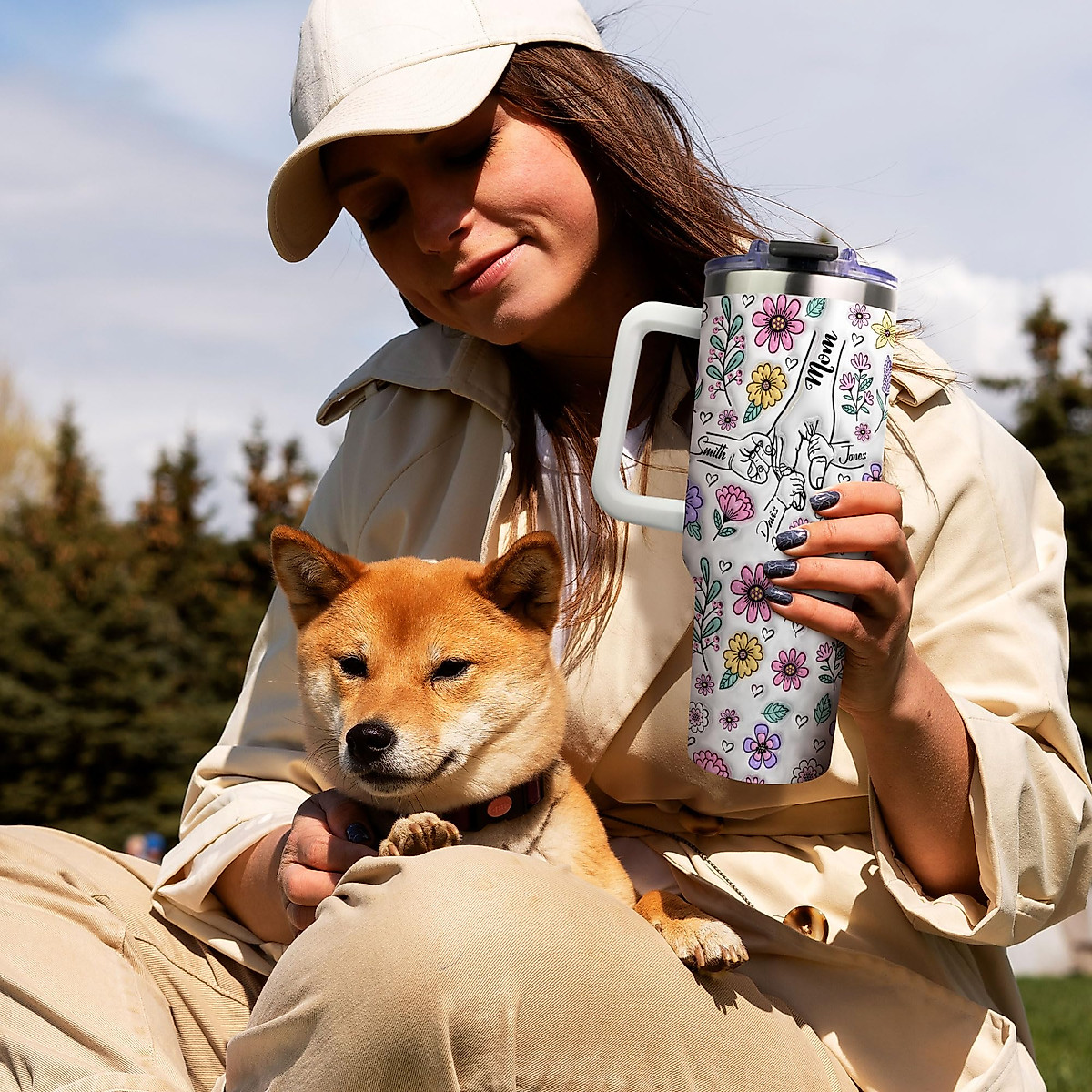 Personalized Mothers Day Birthday Gifts for Mom Nana Grandma, Custom You Hold Our Hands Also Our Hearts 2D 40oz Tumbler with Name, Customized Mother's Day Gifts from Daughter Son Kid, Travel Cup