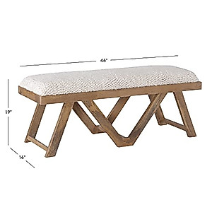 Powell Stained Mango Wood Boho White Berber Boucle Top Halco Bench, 19" Seat Height, Natural