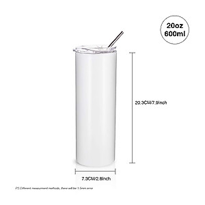 PYD Life 2 PCS Sublimation Blanks Skinny Tumbler White 20 OZ Straight Double Wall Stainless Steel Cups with Metal Straw for Tumbler Heat Press Machine Printing
