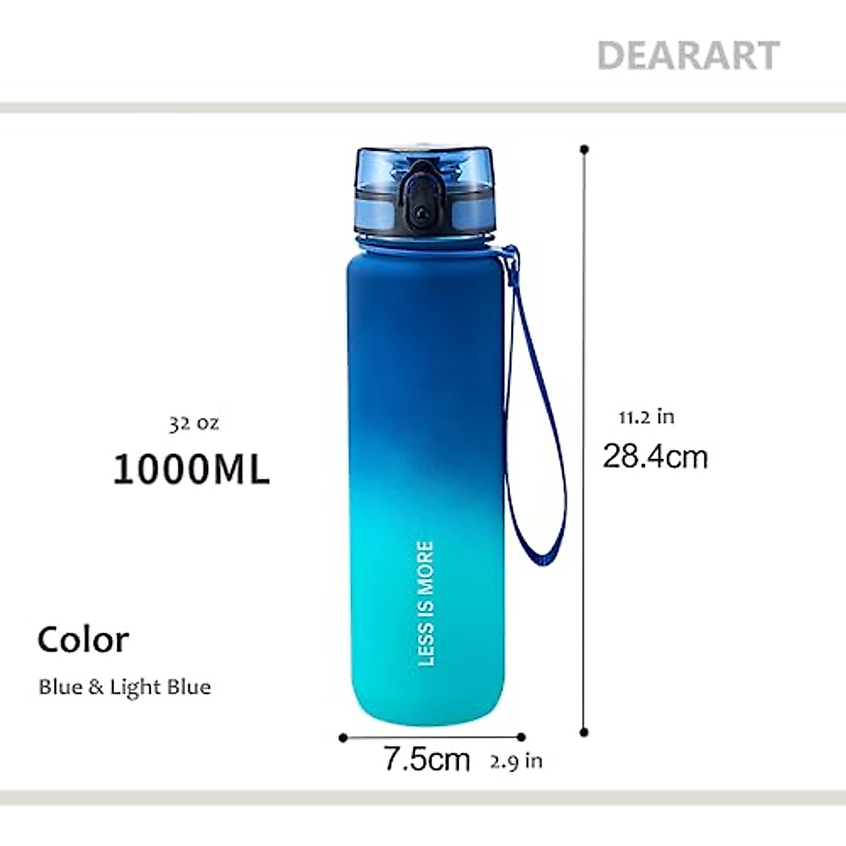 DEARART 32oz Blue-Mix Water Bottle With Motivational and Time Marker, BPA FREE Quick Drink Without Straw, Suit Sports Office Gym School ect.