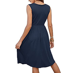 MOLERANI Women Summer Dresses Sleeveless Casual Loose Swing Button Down Midi Dress with Pockets(Navy Blue,XL)