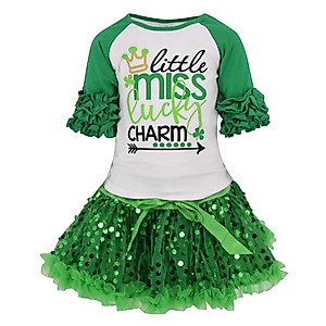 Toddler Big Girls St Patricks Day Lucky Charm Skirt Shirt Dress Outfit (6/XL, Green)