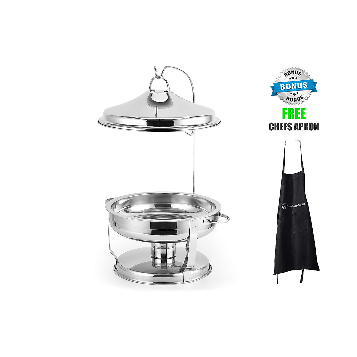 6 Qt Round Chafing Dish With Hanger Stainless Steel Chafer Set And Apron, Buffet Food Warmer Durable, Shiny Silver, Keeps Food Warm In All Catered Events