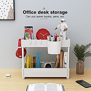 Under Sink Organizers and Storage 2 Pack, ZOMILB Bathroom Organizer 2-Tier Sliding Kitchen Cabinet Organization with Hook, Hanging Cup, Multi-purpose Under Sink Shelf Organizer for Home Storage, White