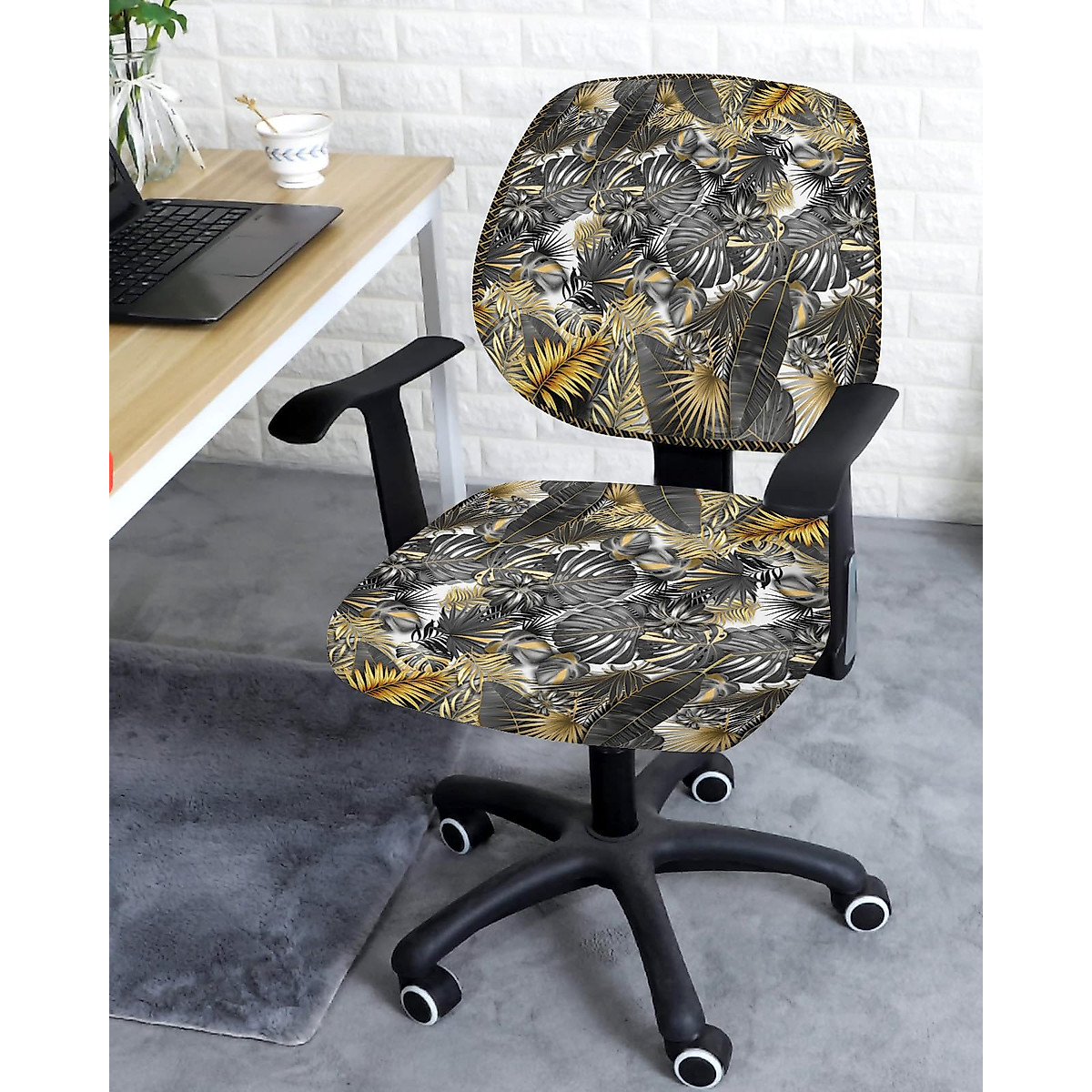 Jolunifun Palm Tree Office Chair Covers Stretchable 2 Piece, Soft Decorative Computer Desk Chair Cover Protector Universal Rotating Chair Slipcover Luxurious Gold Black Summer Tropical Leaves