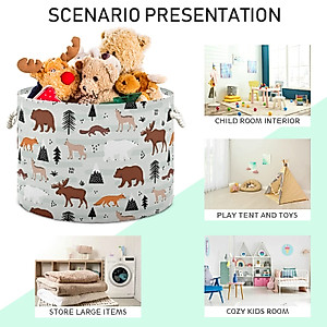 Moose Bear Foxes Trees Wolf Squirrel Seamless Forest Fauna Animals Round Storage Basket Bin, Baby Nursery Organizer with Handles for Toys Clothes, Large Foldable Bucket Waterproof Laundry Hamper