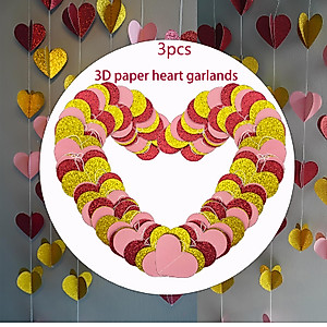 Rose-Red Gold Party Decoration, 3D Heart Garland 53Ft Hanging Love Heart Streamers, 3Packs Pink Bachelorette Party Favors Hearts Décor Valentine’s Day Birthday Engagement Wedding Bridal Shower Banner
