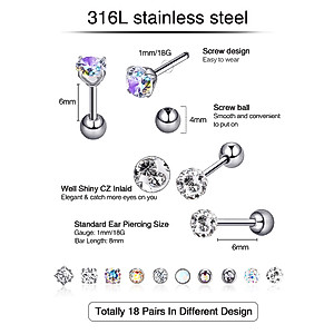 18 Pairs Stainless Steel Stud Earrings Solid Rhinestone Earring Cartilage Earrings Helix Ear Piercing Jewelry for Women Men (Steel Color, 18 G/ 1 mm with 4 mm Screw Ball)
