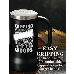 Onebttl Camping Gifts for Men, Camper, Camping Lovers - Camping Without Beer 24oz Stainless Steel Beer Mug Beer Stein Tumbler, 24oz Beer Mug with Lid