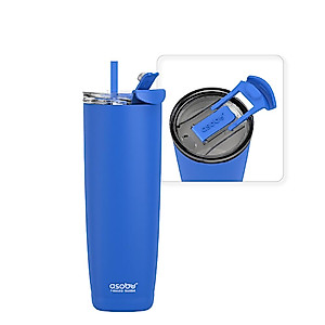 asobu Aqualina Stainless Steel Insulated Water Bottle with Interchangeable Hot and Cold Lid and Built in Straw (Blue)
