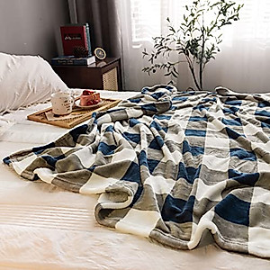 NEWCOSPLAY Buffalo Plaid Throw Blanket Soft Flannel Fleece Checker Pattern Lightweight Decorative Blanket for Bed Couch (280GSM-White-Navy Blue, Throw(50"x60"))