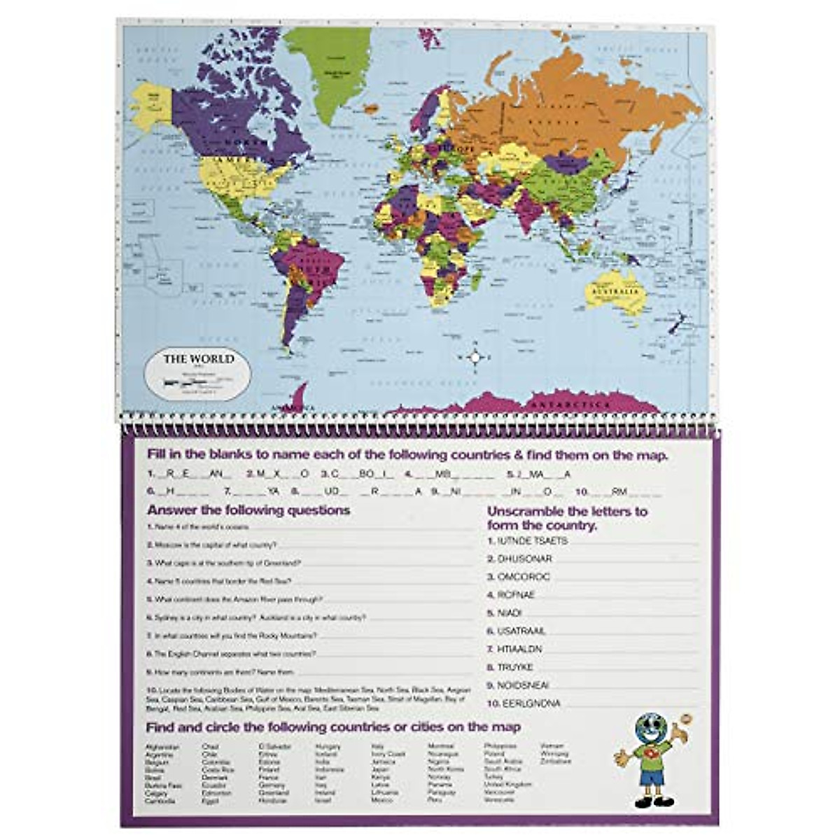 Painless Learning Educational Workbook Eight Geography Full Color Detailed Laminated Maps USA,World,Canada,Mexico,South America,Europe,Africa and Asia