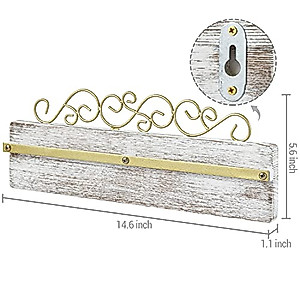 MyGift Vintage Whitewashed Wood Wall Mounted Sunglasses Rack, Entryway Glasses Holder Eyewear Display with Rail Hanger and Scrollwork Brass Tone Metal Design