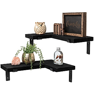 Mkono Corner Wall Shelves Rustic Wooden Floating Corner Shelves Display L Shapped Storage Organizer Displays for Home Living Room Barthroom Bedroom Office, Set of 2, Black