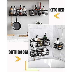 Shower Caddy, Uamector Shower Organizer No Drilling, 3 Pack Adhesive Rustproof Stainless Steel Shower Shelves, Black Shower Shelf with 17 Hooks for Inside Shower, Wall Mounted Shower Rack for Bathroom