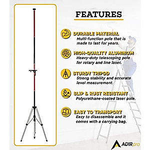 AdirPro Laser Level Pole with Tripod and Mount for Laser Levels, Rotary Lasers & Line Lasers – Telescoping Laser Pole, Mounting Bracket with 1/4”-20 & 5/8-11 Threads, and Adjustable Tripod Stand