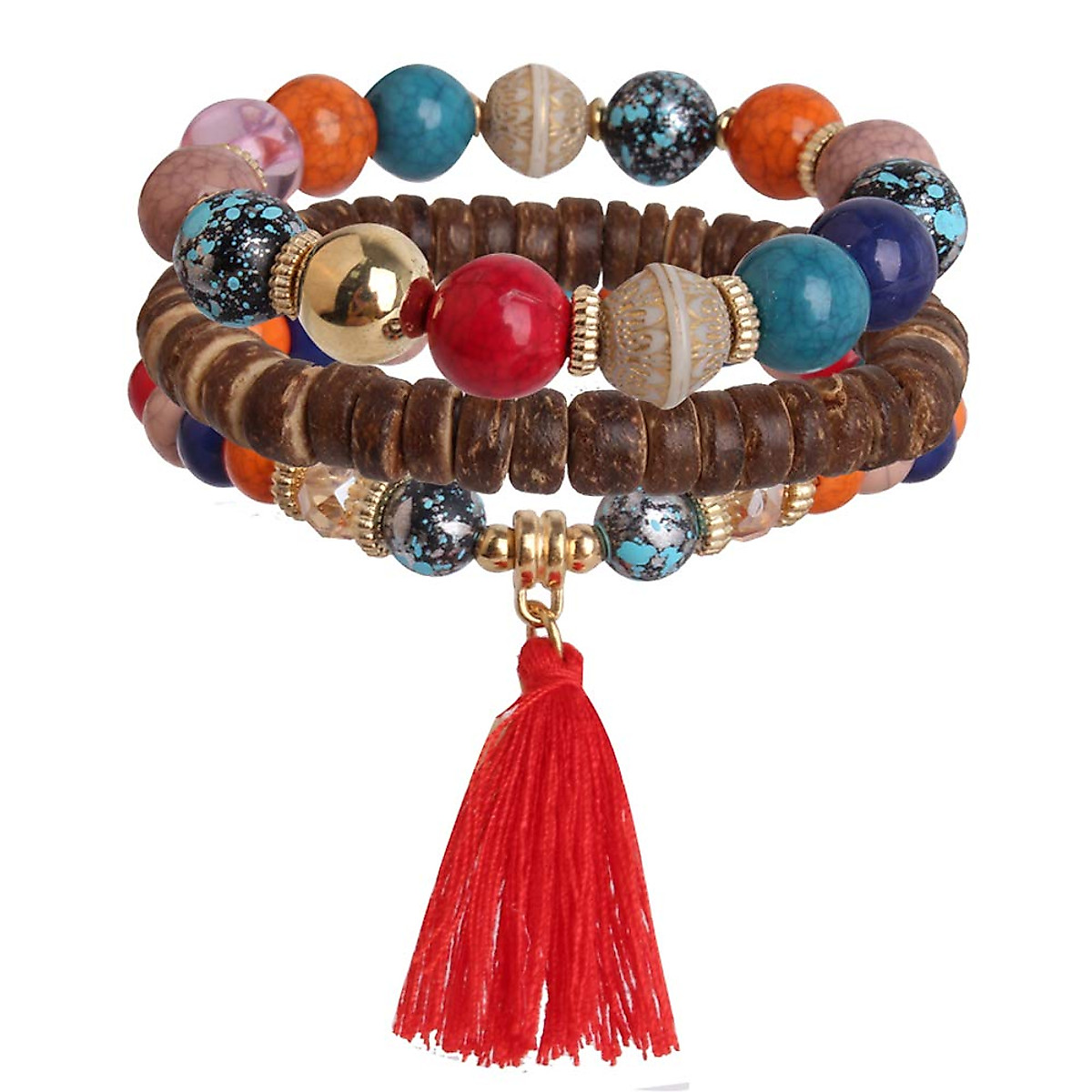 Hicdaw 6 Sets Stackable Bracelets for Women Colorful Bohemian Bracelets Hippie Jewelry Tassel Stretch Bracelet Set Gifts Bracelets for Women Beaded Bracelet