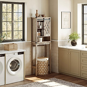 LINSY HOME Over The Toilet Storage Cabinet, Farmhouse Bathroom Storage Cabinet Over Toilet with Sliding Barn Door and Adjustable Shelves, Bathroom Shelf Organizer, Brown