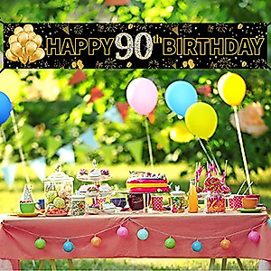 Pimvimcim 90th Birthday Banner Backdrop Decorations for Women Men, Happy 90 Year Old Birthday Party Sign Supplies, Ninety Years Old Birthday Party Decor(Black Gold)