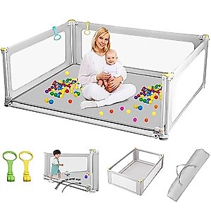 Baby Playpen,79"x59"Extra Large Baby Playards with Vertical Lifaptive Collapsible Baby Safety Rail Guards, Kids Play Pen,Play Pens for Babies and Toddlers,Baby Gate Playpen,Baby Fence Light Grey