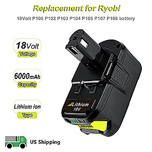 CEENR 2 Pack P108 6.0Ah Replacement for Ryobi 18V Battery Compatible with Ryobi ONE Plus 18 Volt Lithium Batteries One+ P108 6Ah P102 P105 P104 P108 P109 Fan Leaf Blower Cordless Power Tool Battery