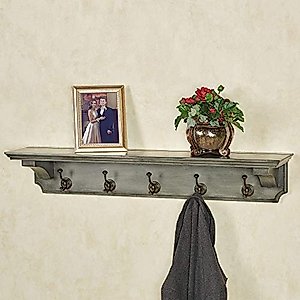 Touch of Class Wyndham Wall Shelf with Coat Hooks - Gray - 5 Hooks - Beveled Display - Plate Groove - Solid Wood Decor for Bedroom, Living Room, Bathroom, Kitchen, Entryway, Foyer