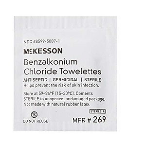McKesson Benzalkonium Chloride Towelettes, Antiseptic Cleansing, Individual Packet, 100 Wipes, 1 Pack