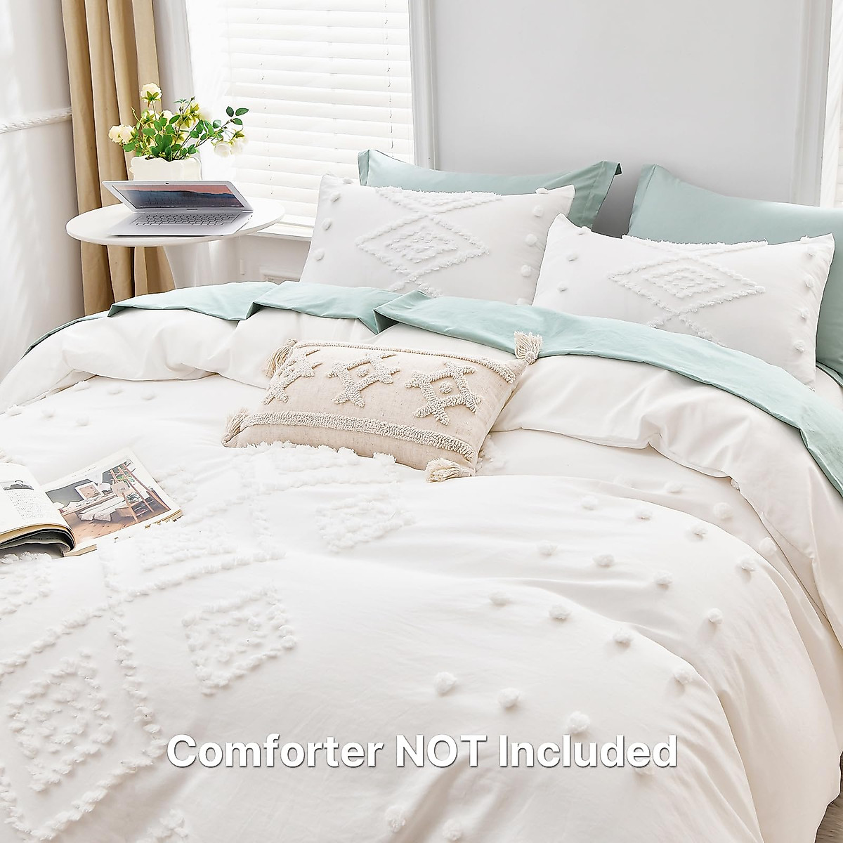 MEILA White Duvet Cover King Size, Soft and Lightweight Boho Duvet Covers Set Tufted for All Seasons, 3 Pieces Boho Embroidery Shabby Chic Bedding Set (White, King, 104’’ x 90’’)