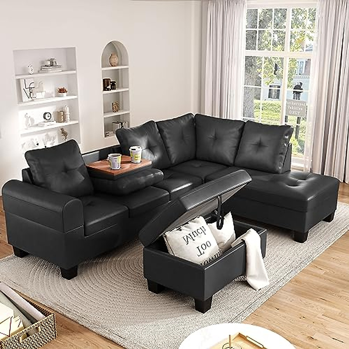 AWQM Upholstered Sectional Sofa w/Chaise Lounge, Modern L Shaped Sofa Couch with Storage Ottoman Bench, PU Leather Sectional Couches with Cup Holder for Living Room Small Space