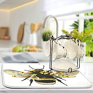 Aflyko Bee Flower Cute Dish Drying Mat Countertop Protector Kitchen Decor 16" × 18"