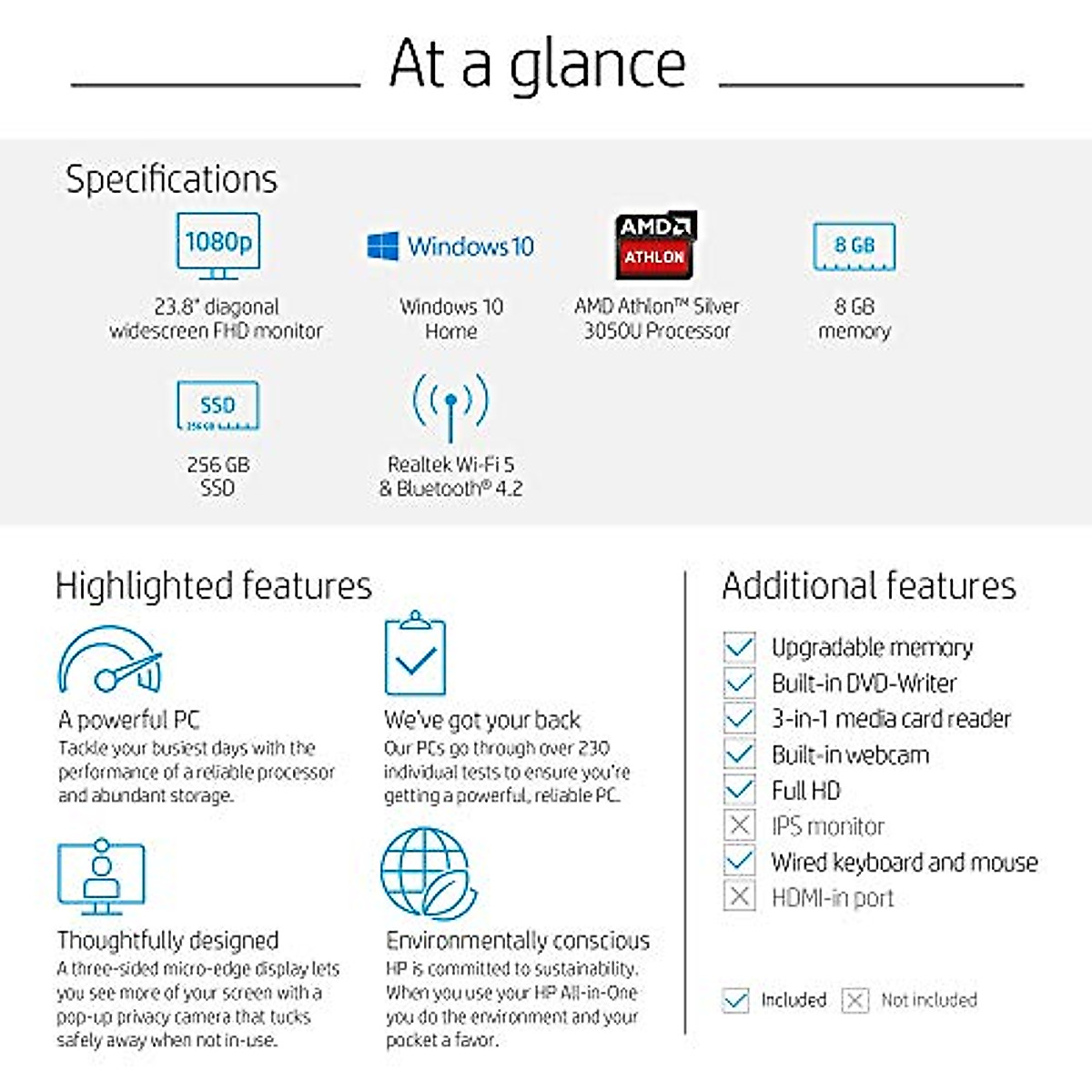 HP 24-inch All-in-One Desktop Computer, AMD Athlon Silver 3050U Processor, 8 GB RAM, 256 GB SSD, Windows 10 Home (24-dd0010, White) (Renewed)