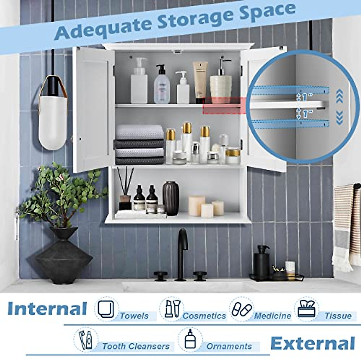 LOKO Bathroom Wall Cabinet, Wall Mounted Storage Cabinet with Double Doors, Multifunctional Medicine Cabinet with Adjustable Shelf, 23.5 x 7.5 x 28 inches (White)