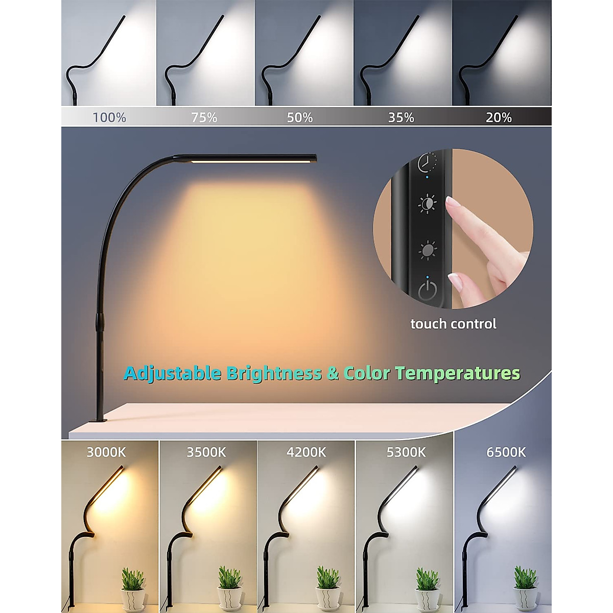 LED Desk Lamp with Clamp, 12W Gooseneck Task Light with 24V Adapter, 5 Brightness Levels & 5 CCT Adjustable Clip Table Lamp, Timer & Memory Functions, Eye-Caring Clamp-on Desk Lamps for Home Office