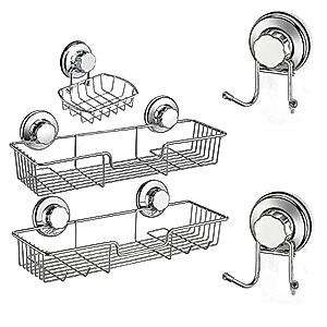 iPEGTOP 3in1 Suction Cup Shower Caddy Bath Wall Shelf + Soap Dish Holder + 2 Pack Strong Suction Cup Hooks
