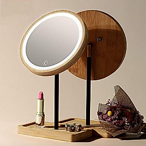 FQYYDD Illuminated Makeup Mirror Wooden Desktop Led Makeup Mirror Usb Charging Adjustable Bright