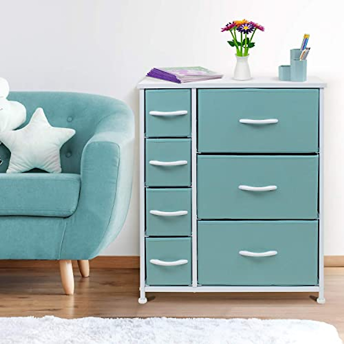 Sorbus Dresser with 7 Drawers - Furniture Storage Chest for Kid’s, Teens, Bedroom, Nursery, Playroom, Clothes, Toys - Steel Frame, Wood Top, Tie-dye Fabric Bins (7-Drawer, Pastel Aqua)