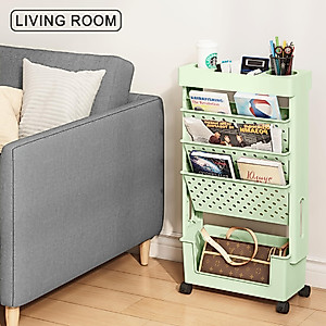 yeavs 5-Tier Mobile Bookshelf, Rolling Bookcase Book Storage Rack, Movable File Folder Organizer Cart with Wheels for Home Study Office Living Room Classroom, Green
