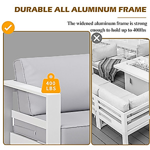 MU Aluminum Patio Furniture Set, 5 Pieces Modern Outdoor Sectional Sofa Couch with Upgrade Cushion and Coffee Table, Oversized Patio Conversation Set, White Frame and Light Grey Cushion