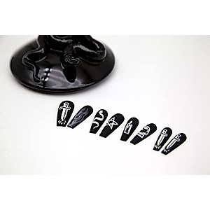Fantasticlady Medium Coffin Press On Nails,Dark goth grily style with Tarot Design,Black undertone False Nails,Matte On Nails for Women and Girls