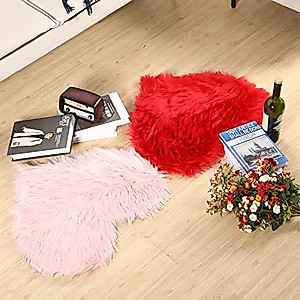 2 Pieces Valentine's Day Fluffy Faux Area Rug Heart Shaped Rug Fluffy Room Carpet 20 x 24 Inch Long Plush Room Carpet Entrance Welcome Mat Carpet for Home Living Room Sofa Floor Decorative Red Pink