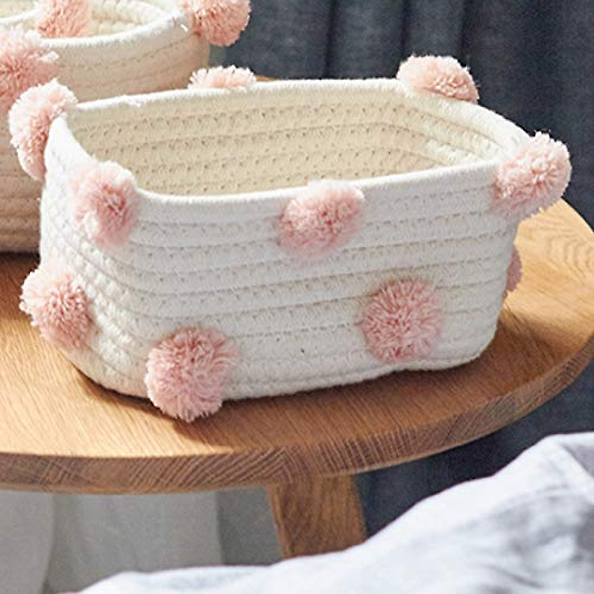 pizarra Cotton Woven Storage Basket Cute Pompom Decor Sundries Finishing Box Nordic Cosmetic Toys Organizer Pink S