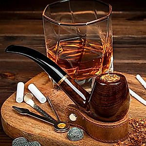 Whitluck's Tobacco Pipe with Waxed Canvas Pipe Roll, Handmade Wood Smoking Pipe with Ultimate Beginner Guide E-Book, Travel Tobacco Pouch - Smoking Gift Set and Accessories