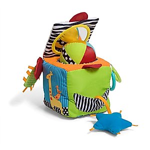 Infantino Peek & Seek Discovery Cube - Soft Development Toy, Peek-A-Boo Mirror, Clacker Rings, Crinkle & Rattle Sounds - Sensory Play, Ages 3 Months +