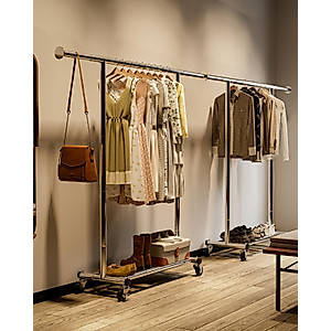 Frylr Heavy Duty Clothing Rack - Portable Metal Garment Rack with Wheels, Rolling Clothes Rack with Adjustable Hanging Rods, and Free Standing Design, Silver