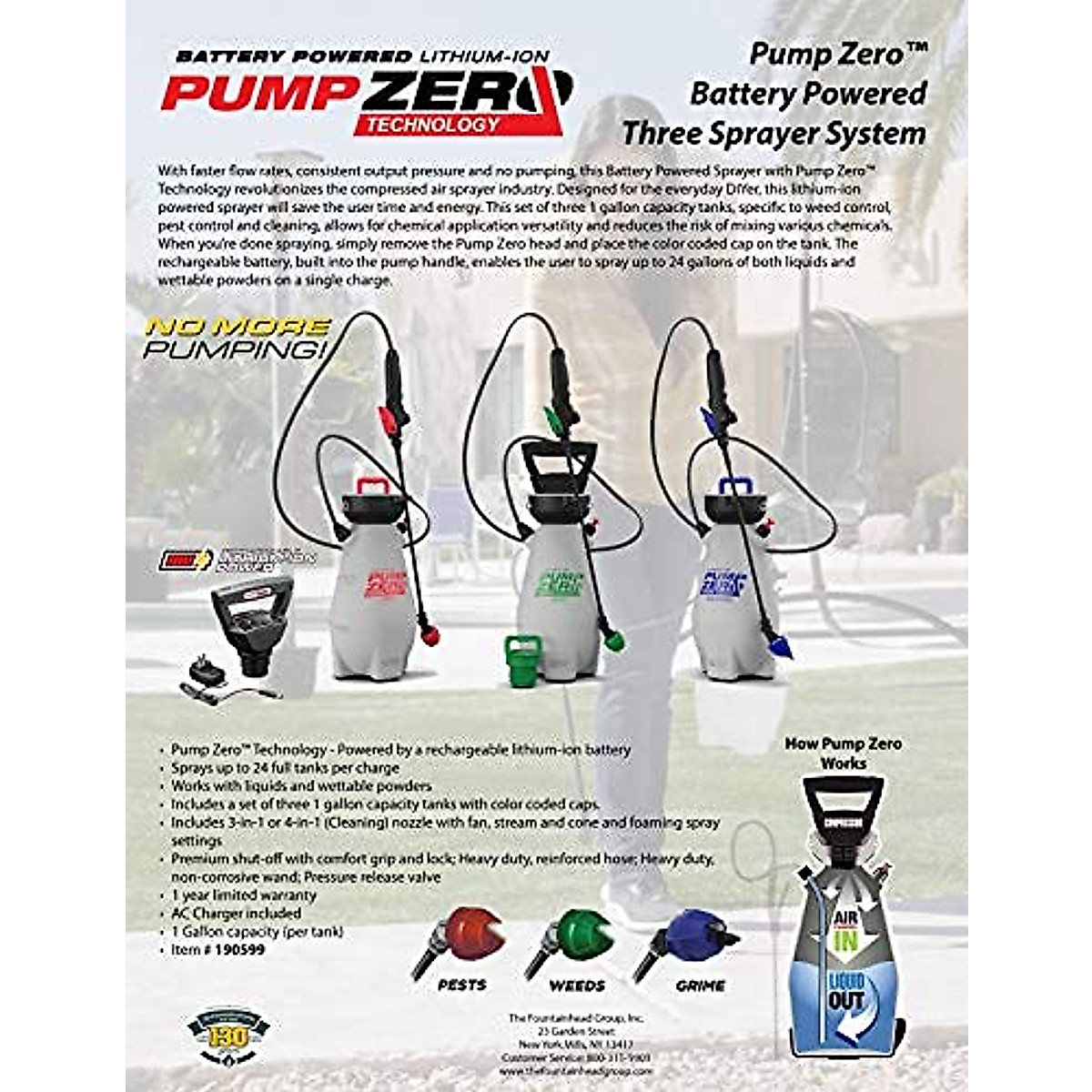 Pump Zero | 190599 | Garden Sprayer Pump | 3 Pack | Lawn & Garden | 24 Gallons Per Charge | Multi-Purpose Pressure Sprayer | 16-20 PSI