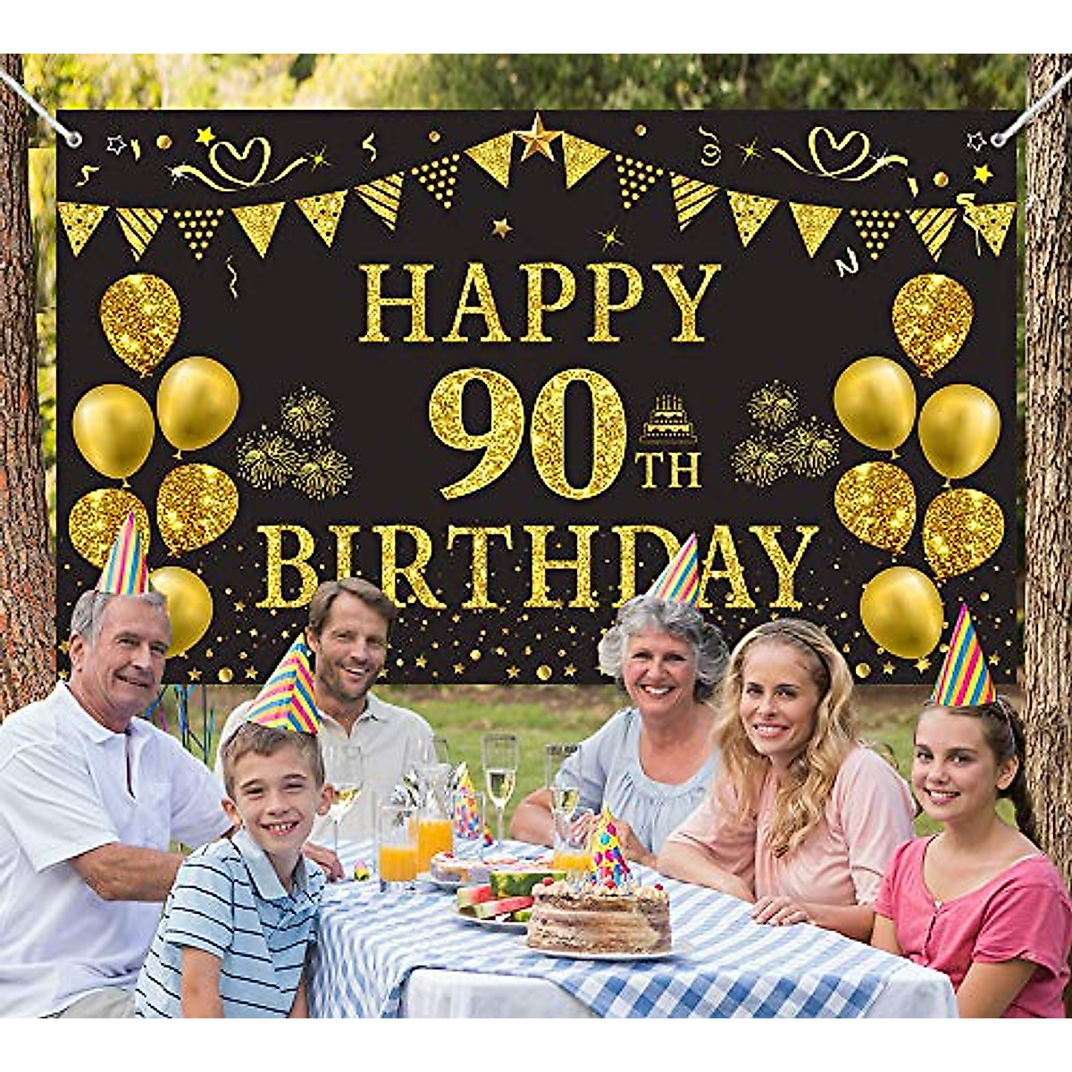 Trgowaul 90th Birthday Backdrop Gold and Black 5.9 X 3.6 Fts Happy Birthday Party Decorations Banner for Women Men Photography Supplies Background Happy Birthday Decoration