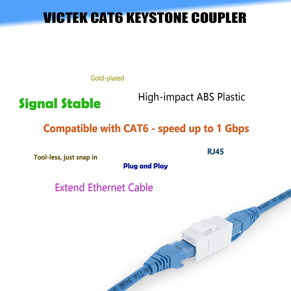 VICTEK Female to Female Cat6 Keystone RJ45 Couplers, 10 Pack, White, Tablet