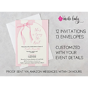 Bridal Shower Invitation Coquette Pink Bow She's Tying the Knot Classy Vintage Striped Customized Personalized Printed Cards (12 Count)