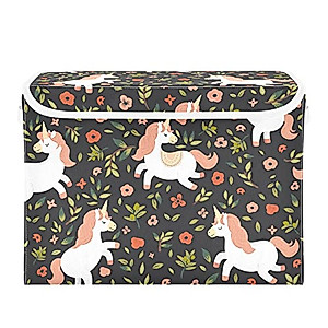 SUABO Cute White Unicorns Flowers Storage Bin with Lid Large Oxford Cloth Storage Boxes Foldable Home Cube Baskets Closet Organizers for Nursery Bedroom Office